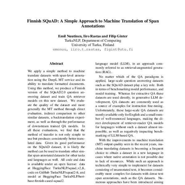 Finnish SQuAD: A Simple Approach to Machine Translation of Span ...