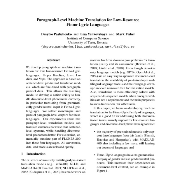Paragraph-Level Machine Translation for Low-Resource Finno-Ugric Languages - ACL Anthology
