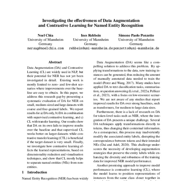 Investigating the effectiveness of Data Augmentation and Contrastive Learning for Named Entity ...