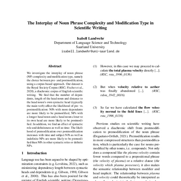 The Interplay of Noun Phrase Complexity and Modification Type in Scientific Writing - ACL Anthology