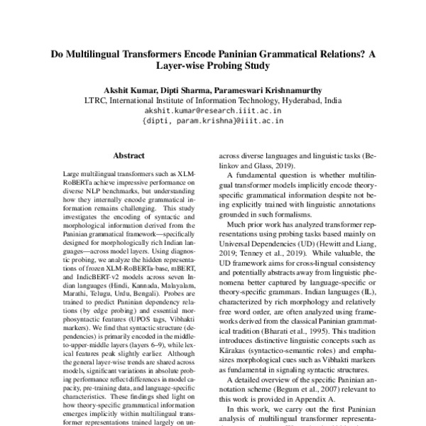 Do Multilingual Transformers Encode Paninian Grammatical Relations? A Layer-wise Probing Study ...