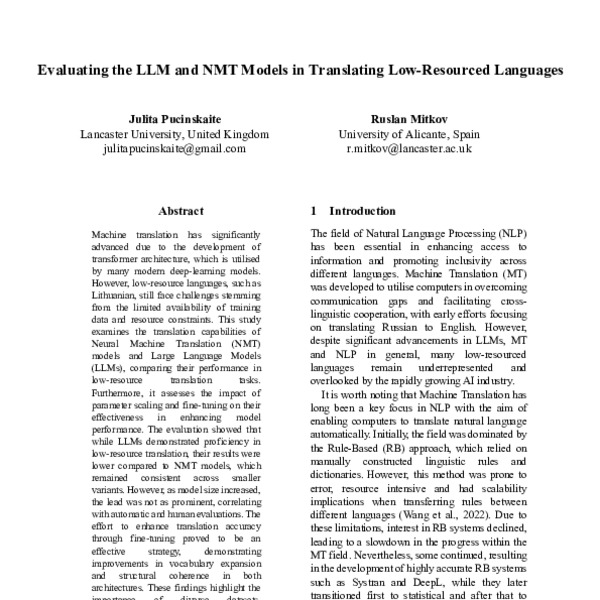 Evaluating the LLM and NMT Models in Translating Low-Resourced ...