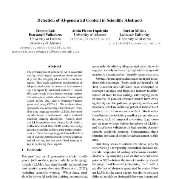 Detection of AI-generated Content in Scientific Abstracts - ACL Anthology
