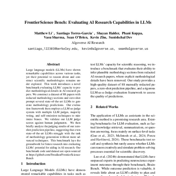 FrontierScience Bench: Evaluating AI Research Capabilities in LLMs - ACL Anthology