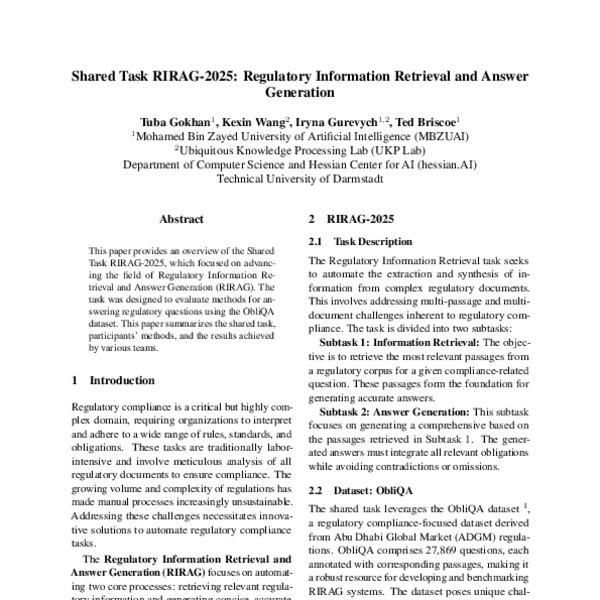 Shared Task RIRAG-2025: Regulatory Information Retrieval and Answer Generation - ACL Anthology