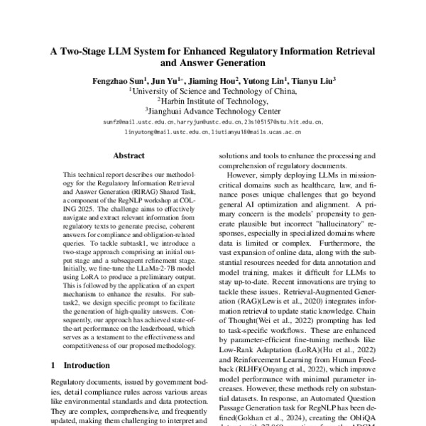 A Two-Stage LLM System for Enhanced Regulatory Information Retrieval and Answer Generation - ACL ...