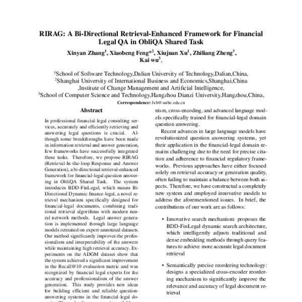 RIRAG: A Bi-Directional Retrieval-Enhanced Framework for Financial Legal QA in ObliQA Shared ...