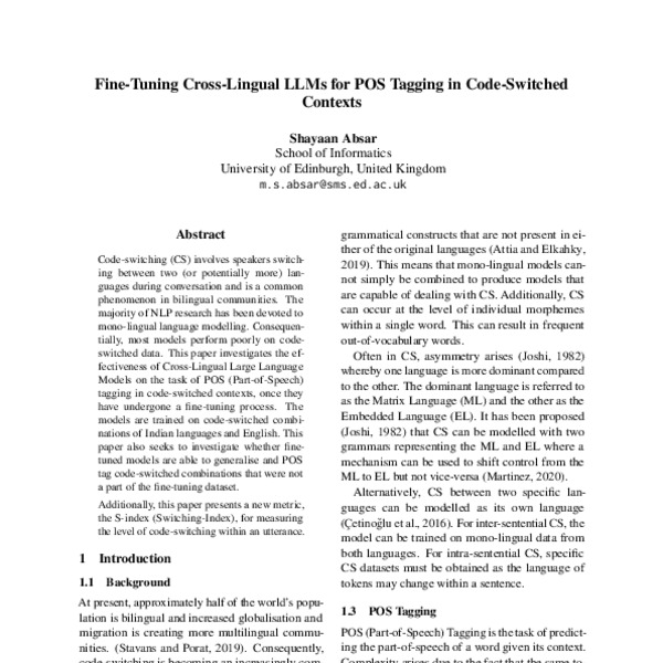 Fine-Tuning Cross-Lingual LLMs for POS Tagging in Code-Switched Contexts - ACL Anthology