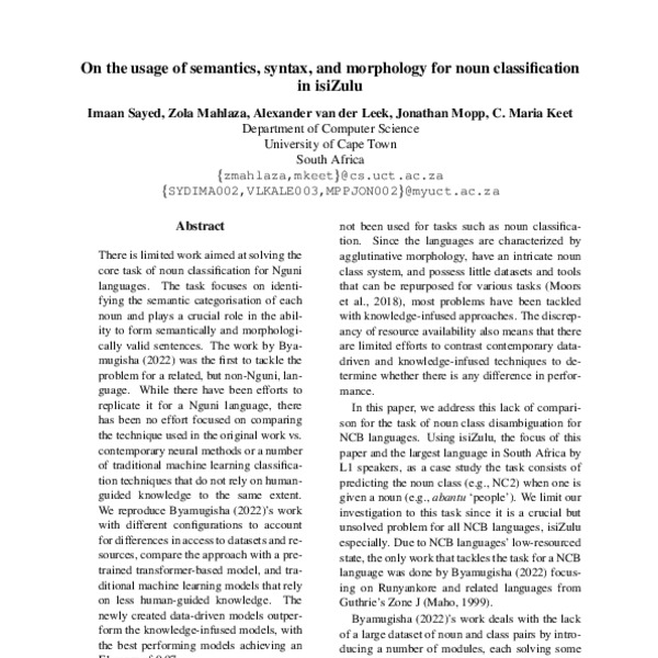 On the Usage of Semantics, Syntax, and Morphology for Noun Classification in IsiZulu - ACL Anthology