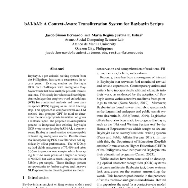 bAI-bAI: A Context-Aware Transliteration System for Baybayin Scripts - ACL Anthology