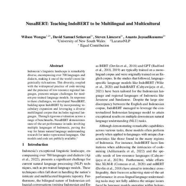 NusaBERT: Teaching IndoBERT to be Multilingual and Multicultural - ACL Anthology