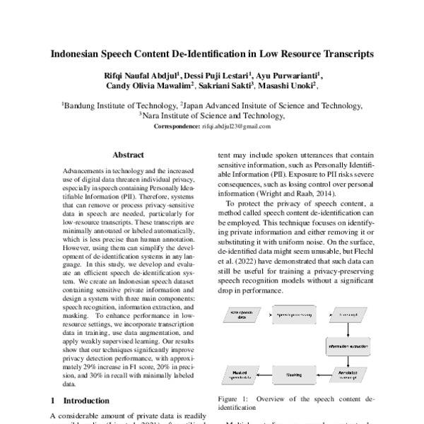 Indonesian Speech Content De-Identification in Low Resource Transcripts ...