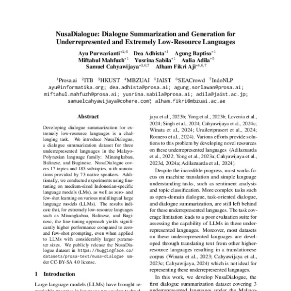 NusaDialogue: Dialogue Summarization and Generation for Underrepresented and Extremely Low ...