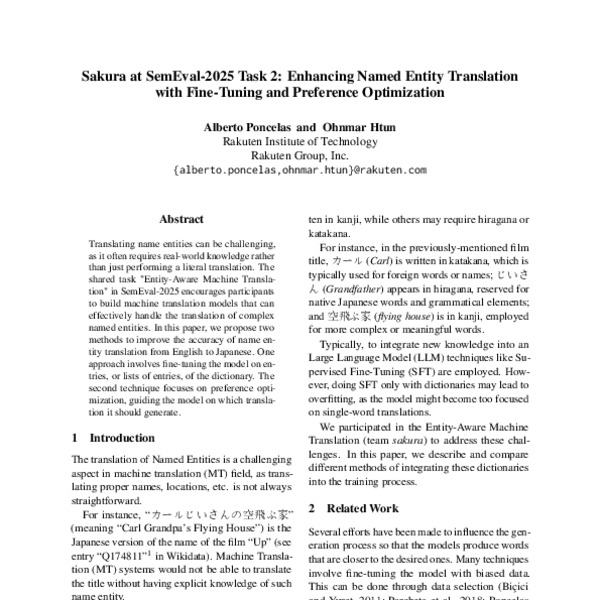 Sakura at SemEval-2025 Task 2: Enhancing Named Entity Translation with Fine-Tuning and ...