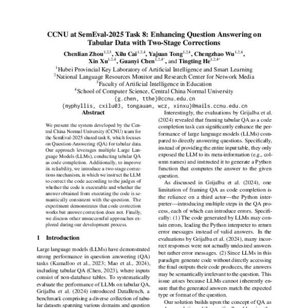CCNU at SemEval-2025 Task 8: Enhancing Question Answering on Tabular Data with Two-Stage ...