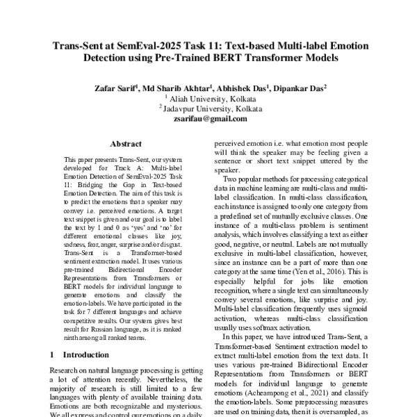 Trans-Sent at SemEval-2025 Task 11: Text-based Multi-label Emotion Detection using Pre-Trained ...