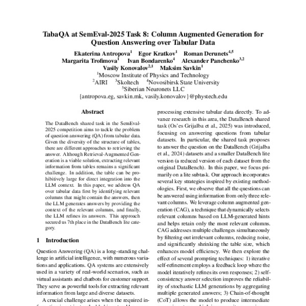 TabaQA at SemEval-2025 Task 8: Column Augmented Generation for Question Answering over Tabular ...