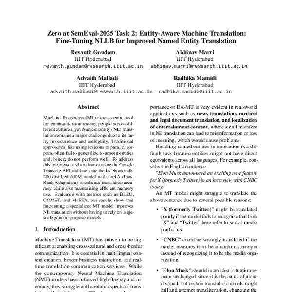 Zero at SemEval-2025 Task 2: Entity-Aware Machine Translation: Fine-Tuning NLLB for Improved ...