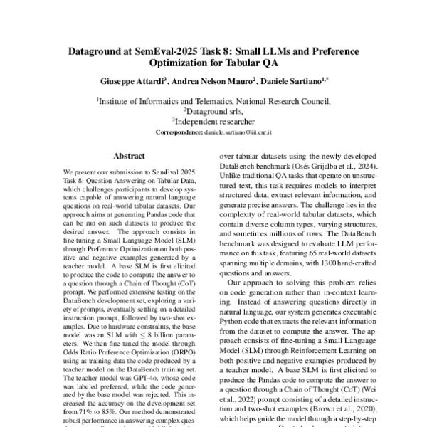 Dataground at SemEval-2025 Task 8: Small LLMs and Preference Optimization for Tabular QA - ACL ...