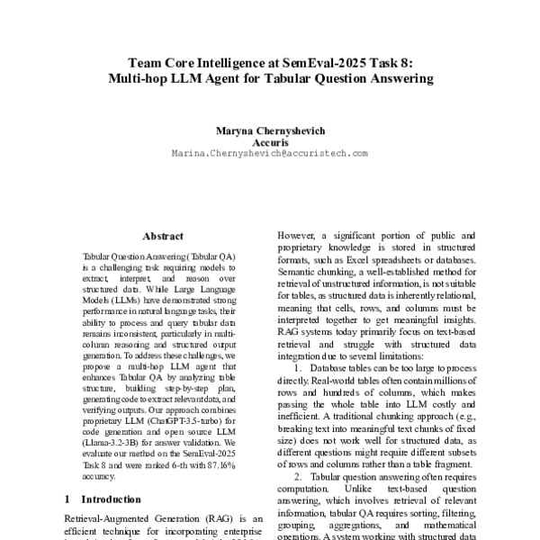 Core Intelligence at SemEval-2025 Task 8: Multi-hop LLM Agent for Tabular Question Answering ...