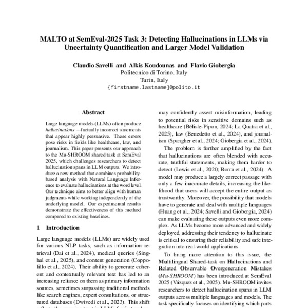 MALTO at SemEval-2025 Task 3: Detecting Hallucinations in LLMs via Uncertainty Quantification ...