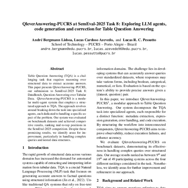 QleverAnswering-PUCRS at SemEval-2025 Task 8: Exploring LLM agents, code generation and ...