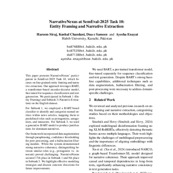 NarrativeNexus at SemEval-2025 Task 10: Entity Framing and Narrative Extraction using BART - ACL ...