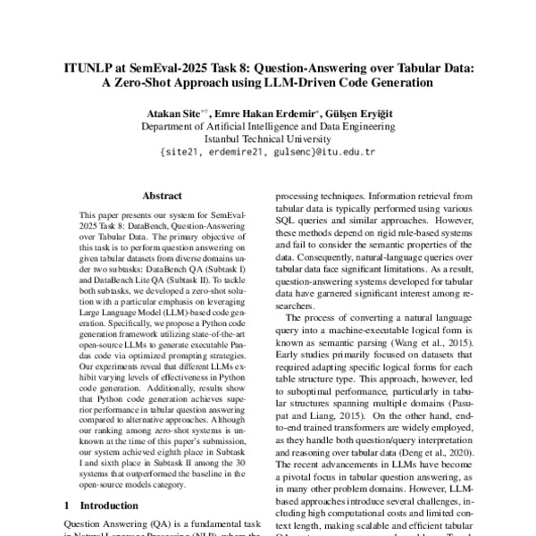ITUNLP at SemEval-2025 Task 8: Question-Answering over Tabular Data: A Zero-Shot Approach using ...