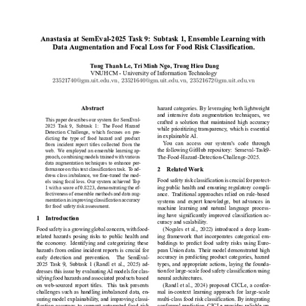 Anastasia At Semeval 2025 Task 9 Subtask 1 Ensemble Learning With Data Augmentation And Focal