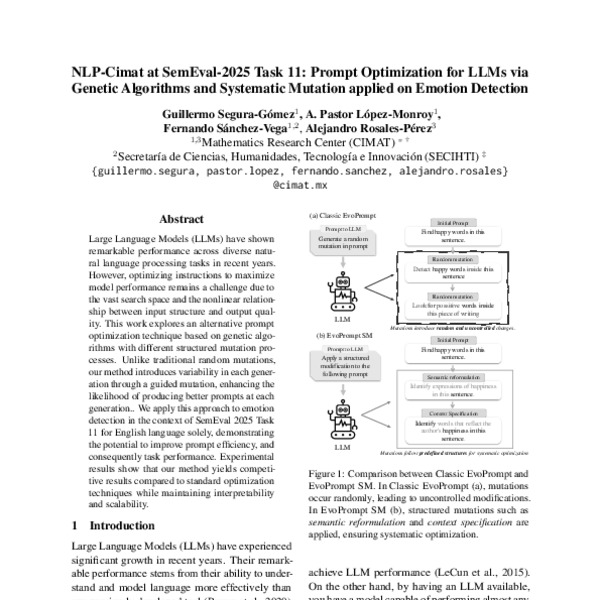 NLP-Cimat at SemEval-2025 Task 11: Prompt Optimization for LLMs via Genetic Algorithms and ...