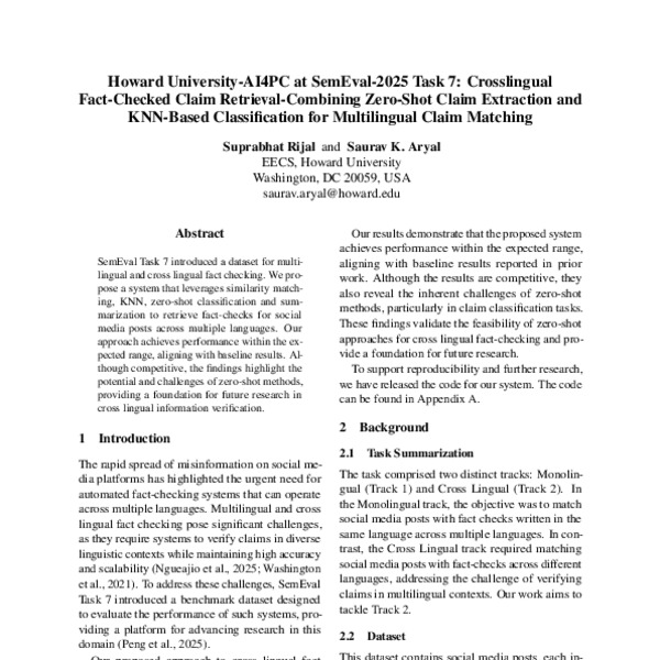Howard University-AI4PC at SemEval-2025 Task 7: Crosslingual Fact-Checked Claim Retrieval ...