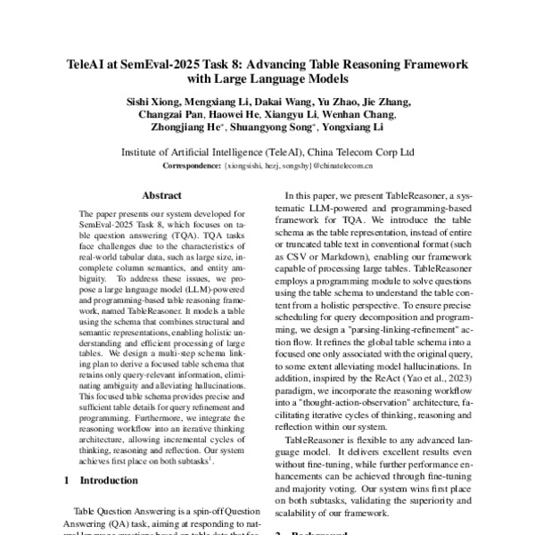TeleAI at SemEval-2025 Task 8: Advancing Table Reasoning Framework with Large Language Models ...