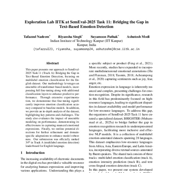 Exploration Lab IITK at SemEval-2025 Task 11: Bridging the Gap in Text ...