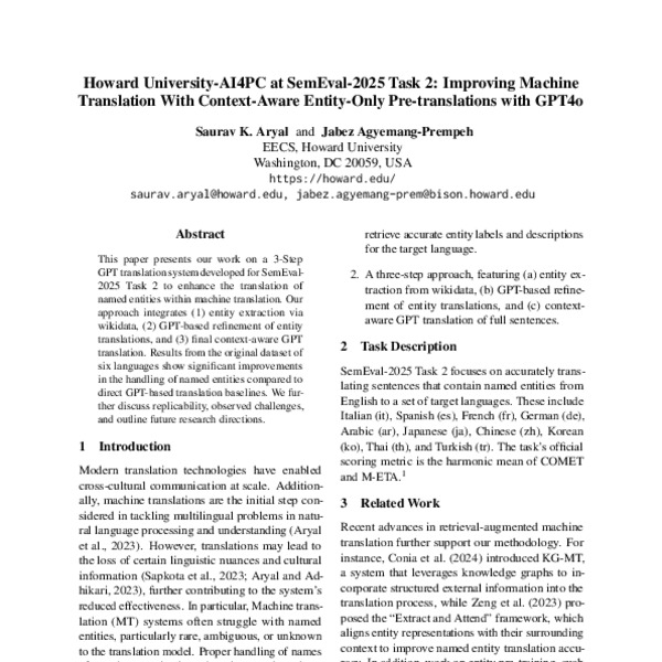 Howard University-AI4PC at SemEval-2025 Task 2: Improving Machine Translation With Context-Aware ...