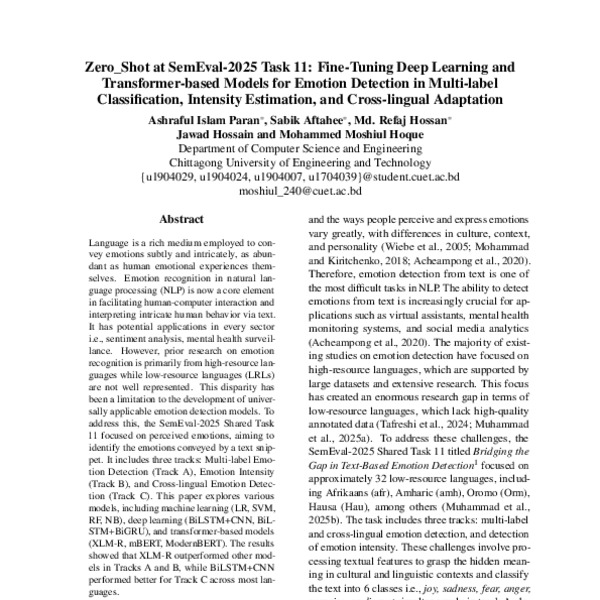 Zero_Shot at SemEval-2025 Task 11: Fine-Tuning Deep Learning and Transformer-based Models for ...