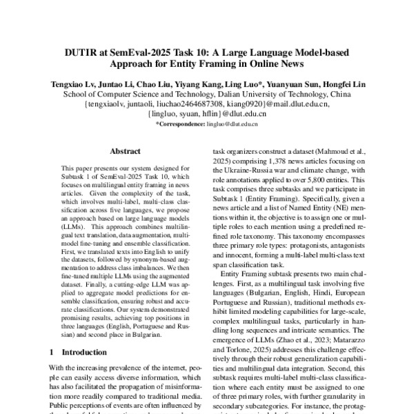 DUTIR at SemEval-2025 Task 10: A Large Language Model-based Approach for Entity Framing in ...