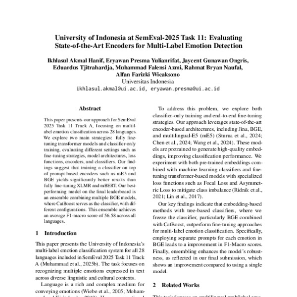 University of Indonesia at SemEval-2025 Task 11: Evaluating State-of ...