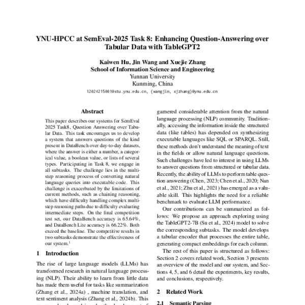 YNU-HPCC at SemEval-2025 Task 8: Enhancing Question-Answering over Tabular Data with TableGPT2 ...