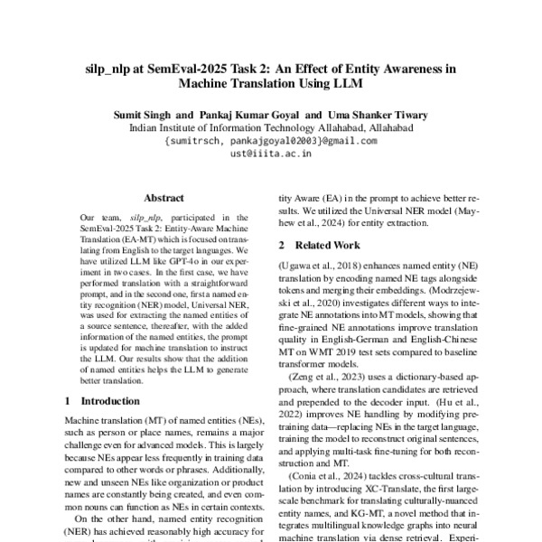 silp_nlp at SemEval-2025 Task 2: An Effect of Entity Awareness in Machine Translation Using LLM ...