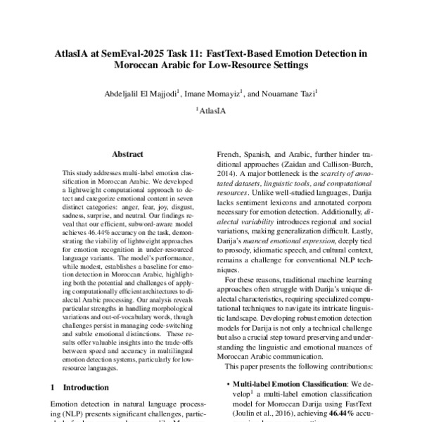 AtlasIA at SemEval-2025 Task 11: FastText-Based Emotion Detection in Moroccan Arabic for Low ...