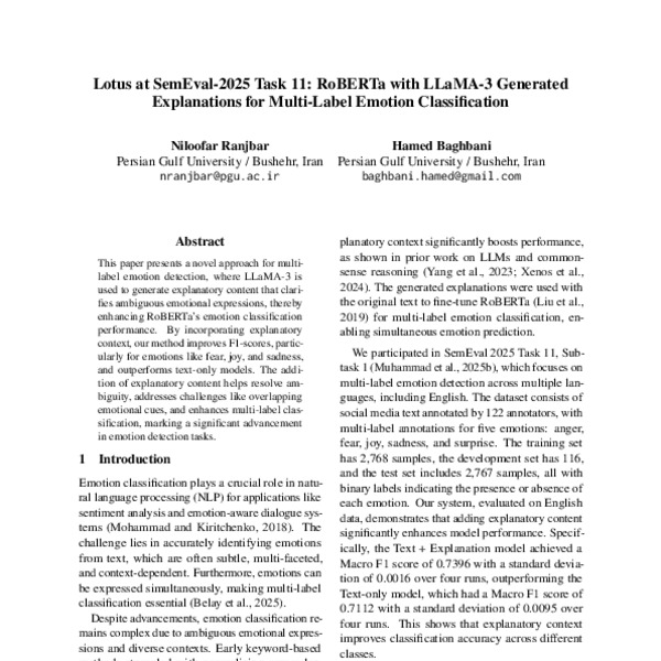Lotus at SemEval-2025 Task 11: RoBERTa with Llama-3 Generated Explanations for Multi-Label ...