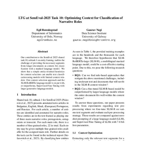 LTG at SemEval-2025 Task 10: Optimizing Context for Classification of Narrative Roles - ACL ...