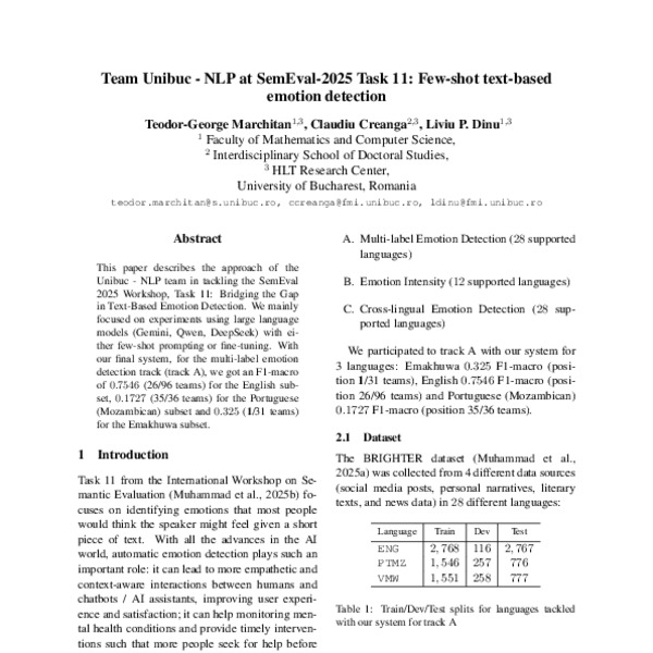 Team Unibuc - NLP at SemEval-2025 Task 11: Few-shot text-based emotion detection - ACL Anthology