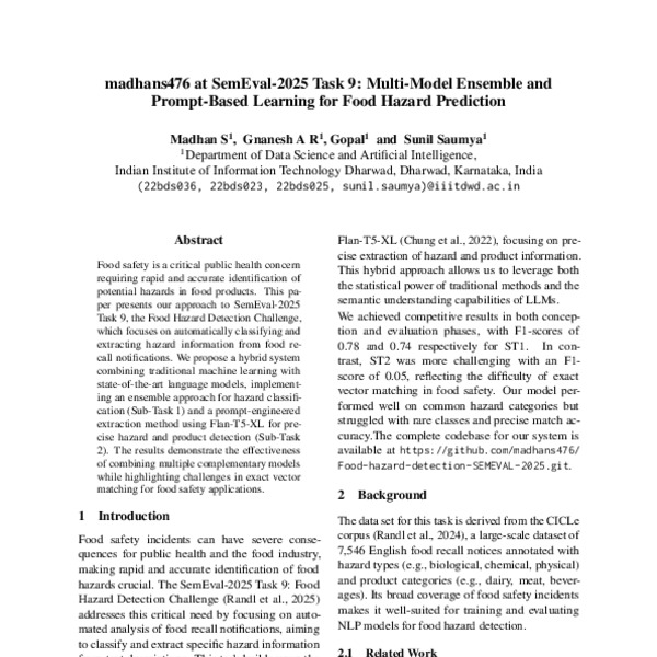 madhans476 at SemEval-2025 Task 9: Multi-Model Ensemble and Prompt-Based Learning for Food ...
