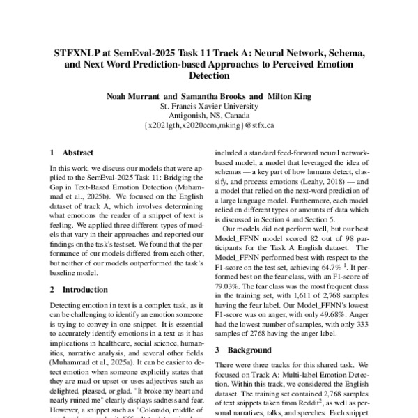 STFXNLP at SemEval-2025 Task 11 Track A: Neural Network, Schema, and Next Word Prediction-based ...