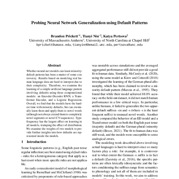 Probing Neural Network Generalization using Default Patterns - ACL ...
