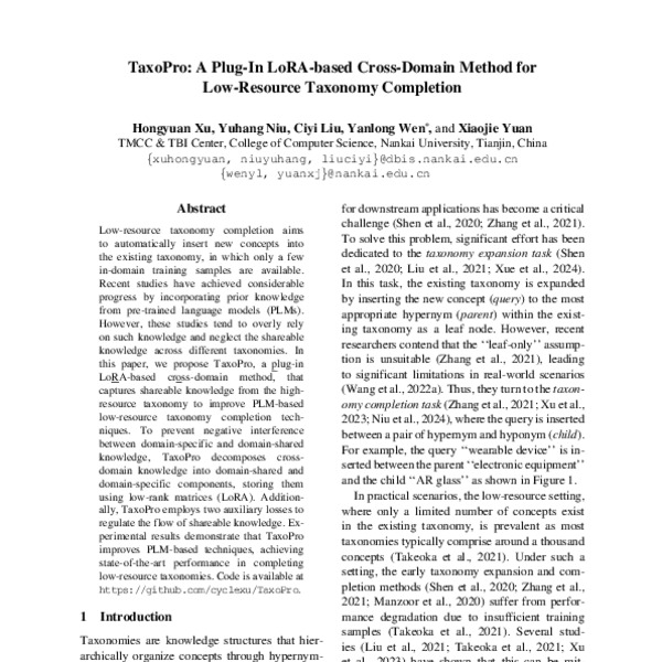 TaxoPro: A Plug-In LoRA-based Cross-Domain Method for Low-Resource Taxonomy Completion - ACL ...