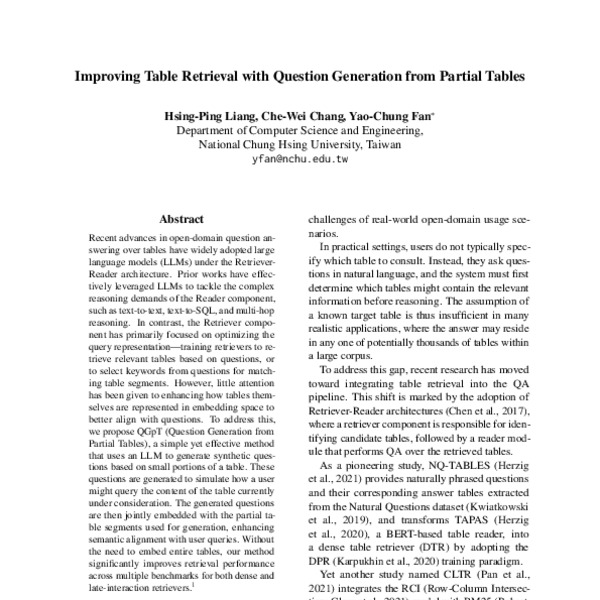 Improving Table Retrieval with Question Generation from Partial Tables ...