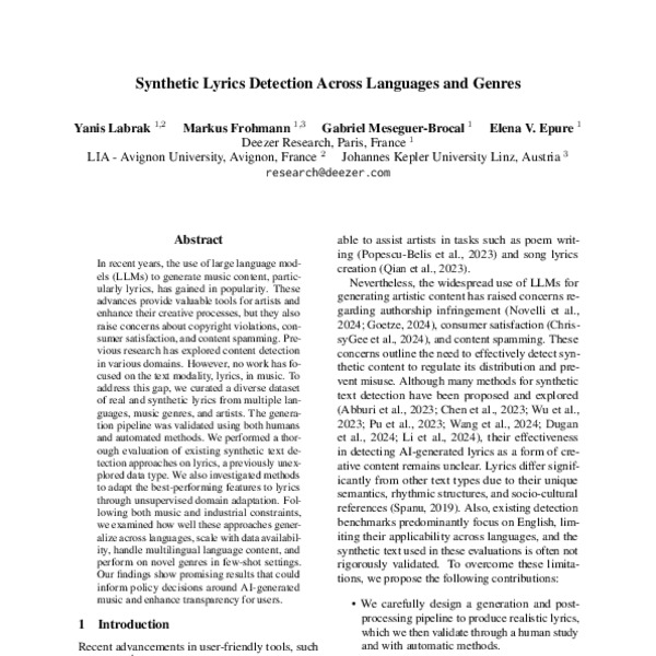 Synthetic Lyrics Detection Across Languages and Genres - ACL Anthology