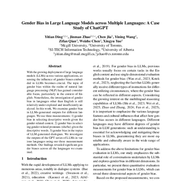 Gender Bias in Large Language Models across Multiple Languages: A Case Study of ChatGPT - ACL ...